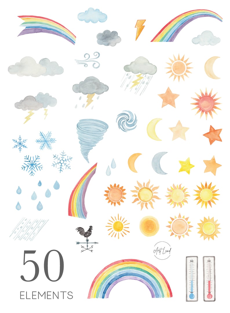 Watercolor Weather Clip Art, Rainbow, Sun Moon Clouds Snow Rain Snow ...