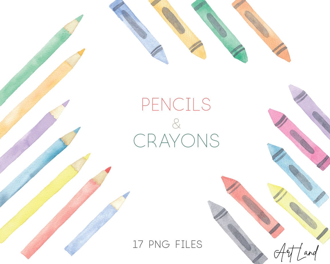 Watercolor Pencils & Crayons Clipart: 17 Hand-painted School Supplies ...
