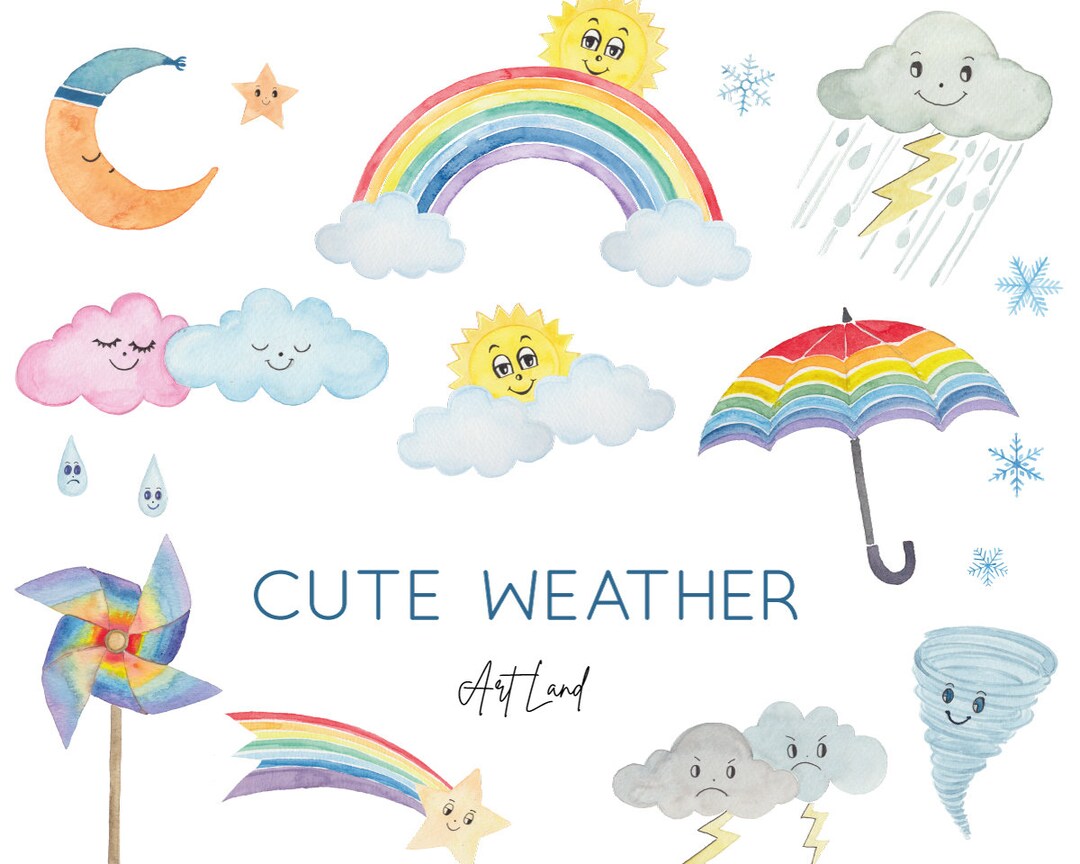 Watercolor Cute Weather Clipart - 33 Hand-painted Pngs With Rainbow ...