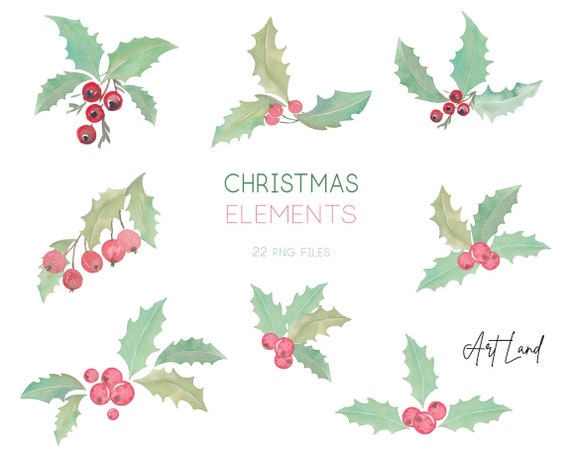 Christmas Elements Holly Clipart Watercolor Winter Clipart | Etsy