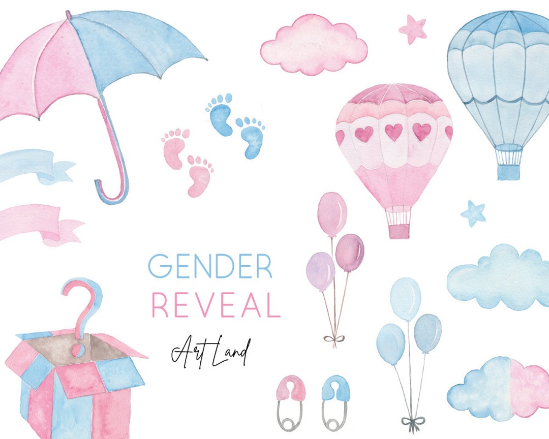 Gender Reveal Clipart, Boy or Girl Watercolor Clip Art Elements, Baby ...