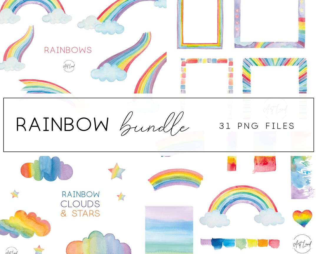 Watercolor Rainbow Clip Art Bundle, Hand Painted Rainbow Watercolour ...