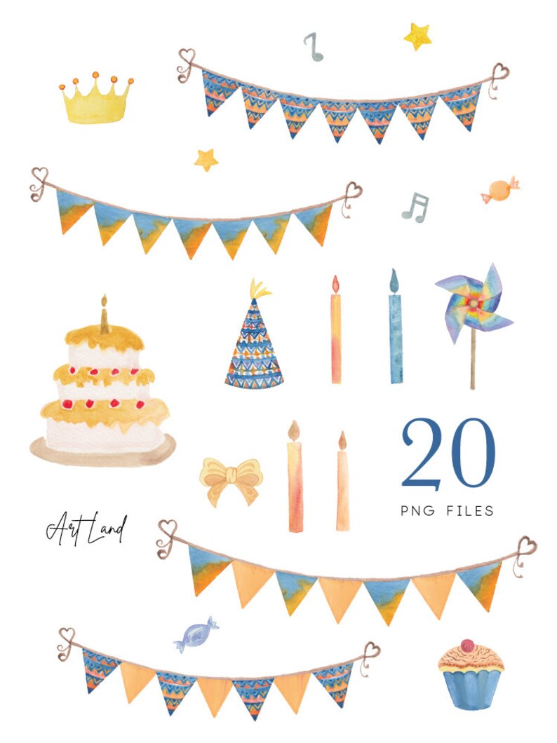 Watercolor Birthday Party Clipart – 20 Hand-painted Blue & Yellow Party ...