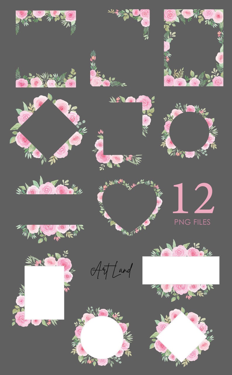 Watercolor Floral Clipart Frames Border Pink Roses Flower | Etsy