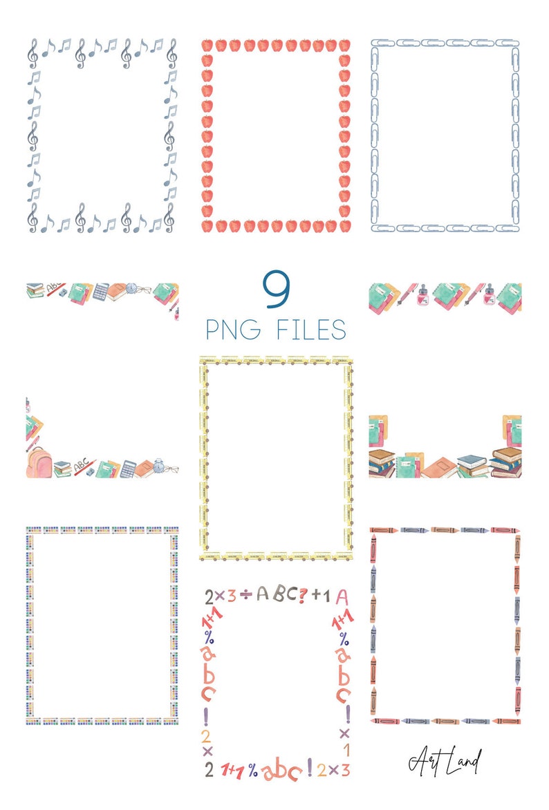 Watercolor School Borders Clipart, Back to School Clipart, School ...