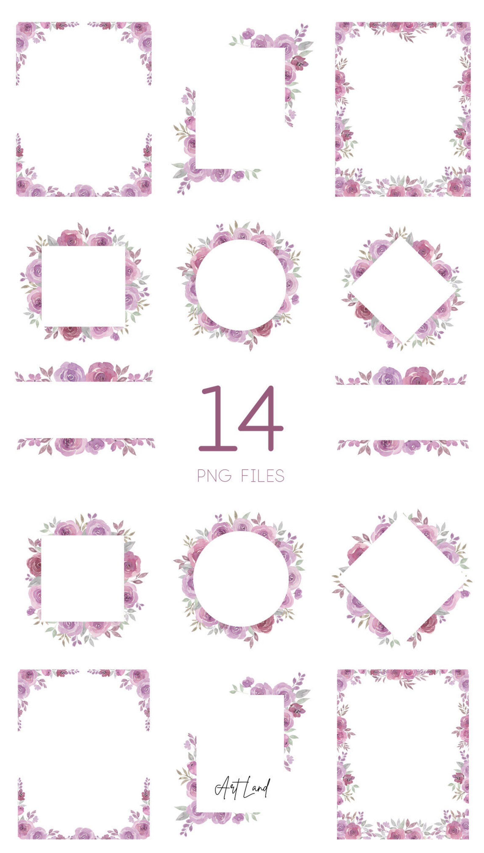 Watercolor Mauve Roses Frames Clipart Set – 14 Hand-painted Floral ...