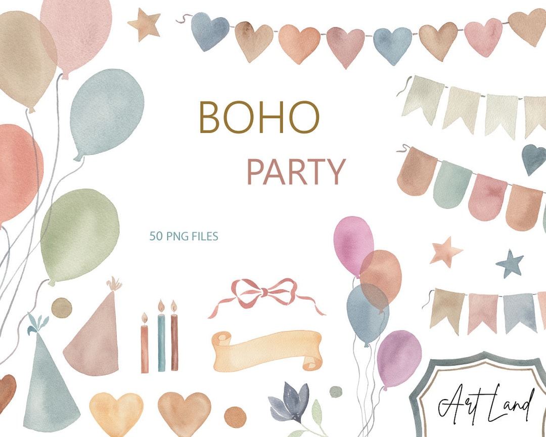 Watercolor Boho Party Clipart: 50 Hand-painted Balloons, Bunting (PNG ...