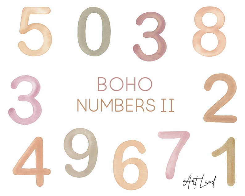 Watercolor Boho Numbers Clipart II: 13 Hand-painted Numeral (PNG ...