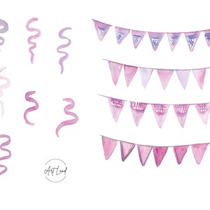 Bunting Flag Watercolor Clip Art Elements, Pink Banner, Pink Bunting ...
