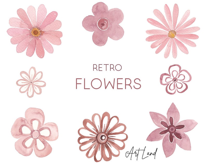 Watercolor Pink Retro Flower Clipart: 16 Hand-painted Elements (PNG ...