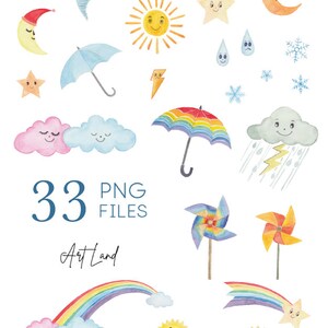 Watercolor Cute Weather Clipart - 33 Hand-painted Pngs With Rainbow ...
