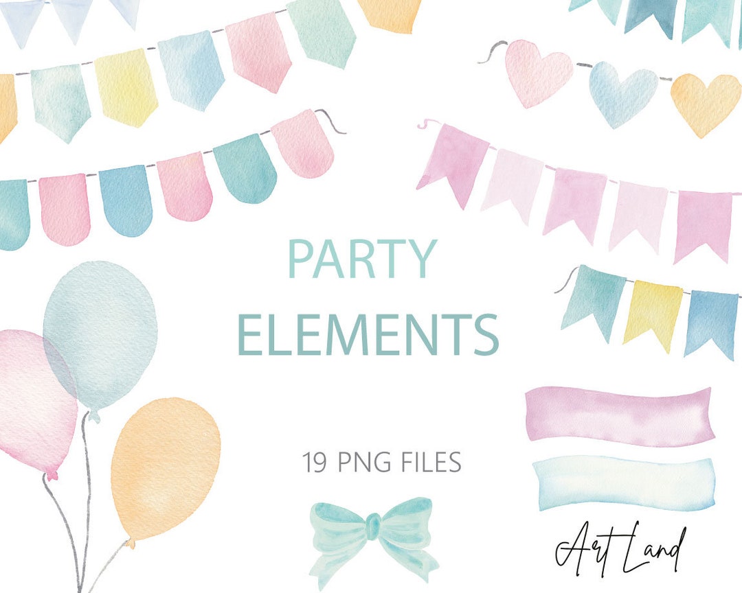 Watercolor Party Clipart, Birthday Watercolor Clip Art Elements ...