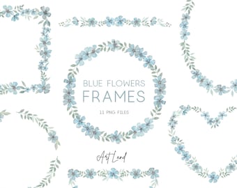 Blue Rose Wreath and Gold Frame Floral Clipart Watercolor - Etsy