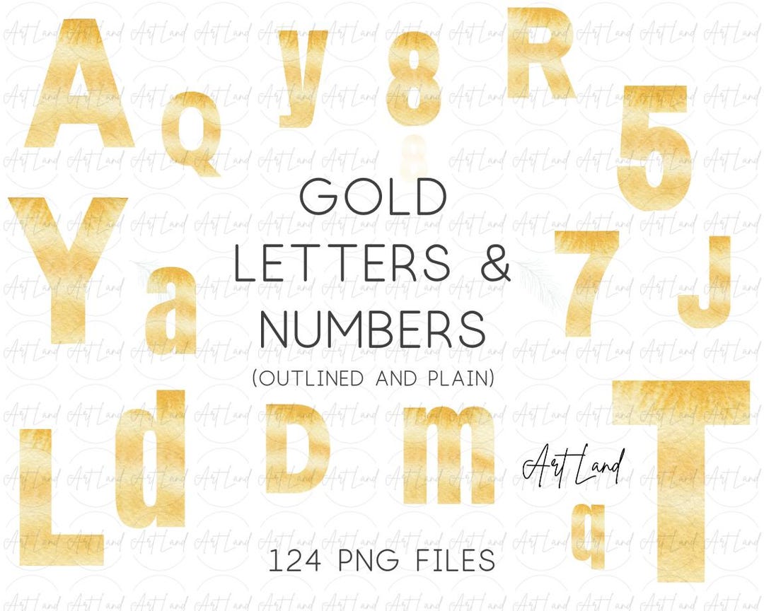 Watercolor Gold Letters, Numbers Clipart: 124 Hand-painted Outlined ...