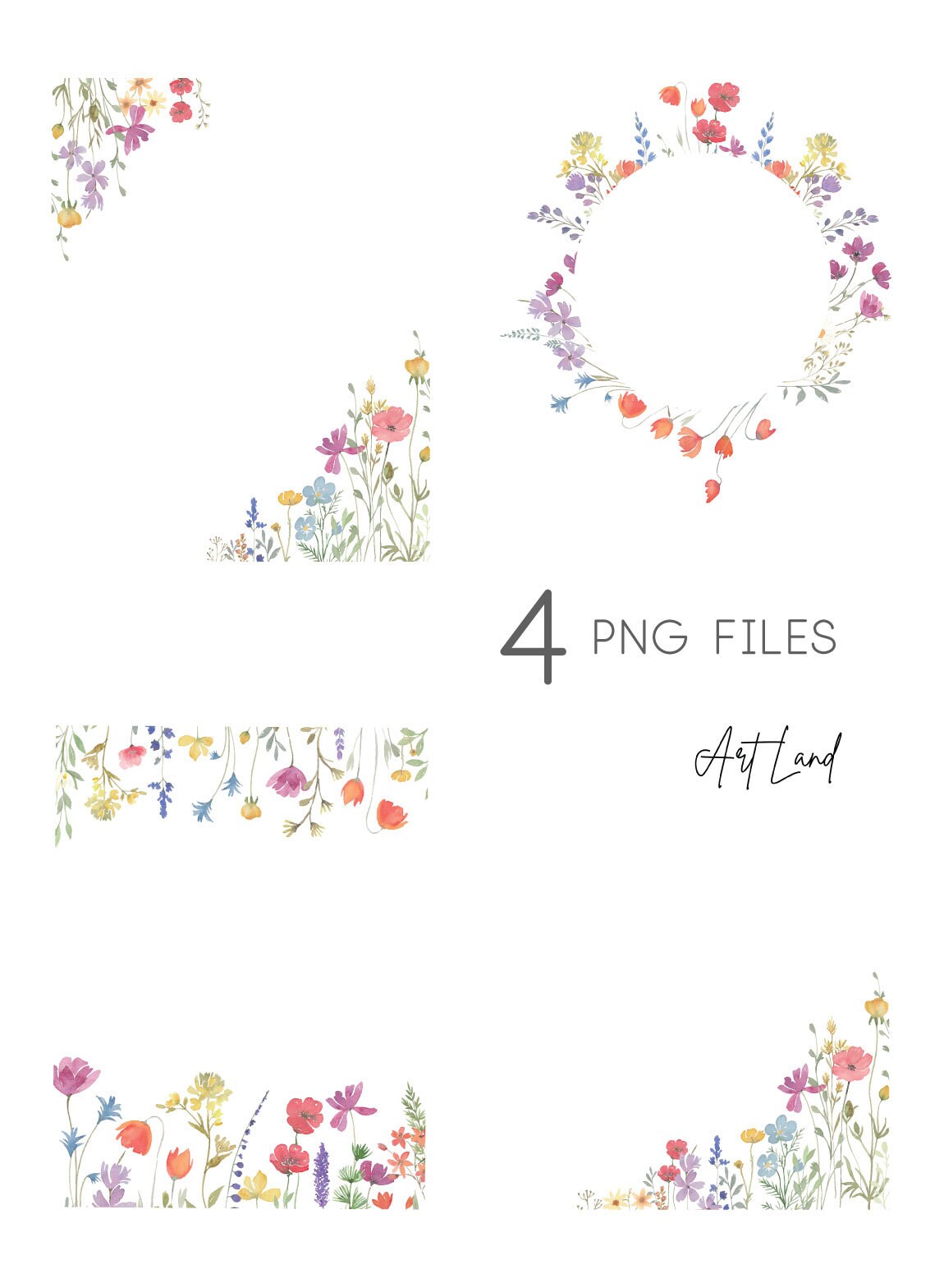 Watercolor Wildflower Frames: 4 Hand-painted Floral Clipart (PNG ...