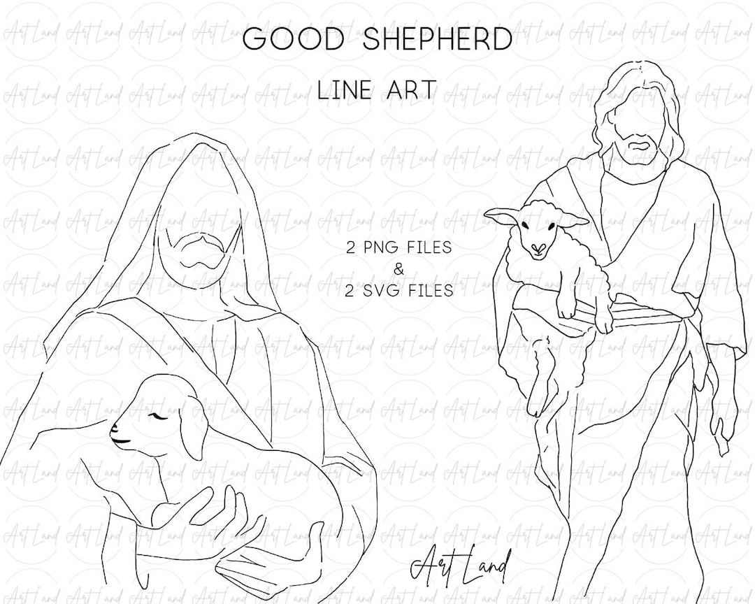 Line Art Good Shepherd: 2 Hand-drawn Jesus Christ (SVG, PNG, Digital ...