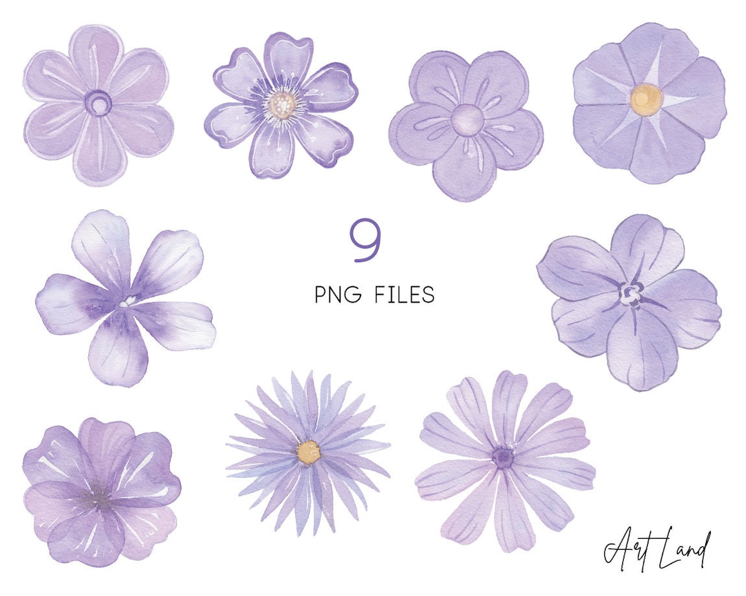 Watercolor Purple Flower Clipart: 9 Hand-painted Floral Elements (PNG ...