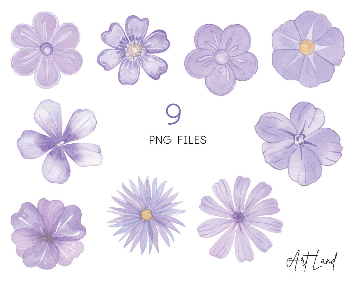 Watercolor Purple Flower Clipart: 9 Hand-painted Floral Elements (PNG ...