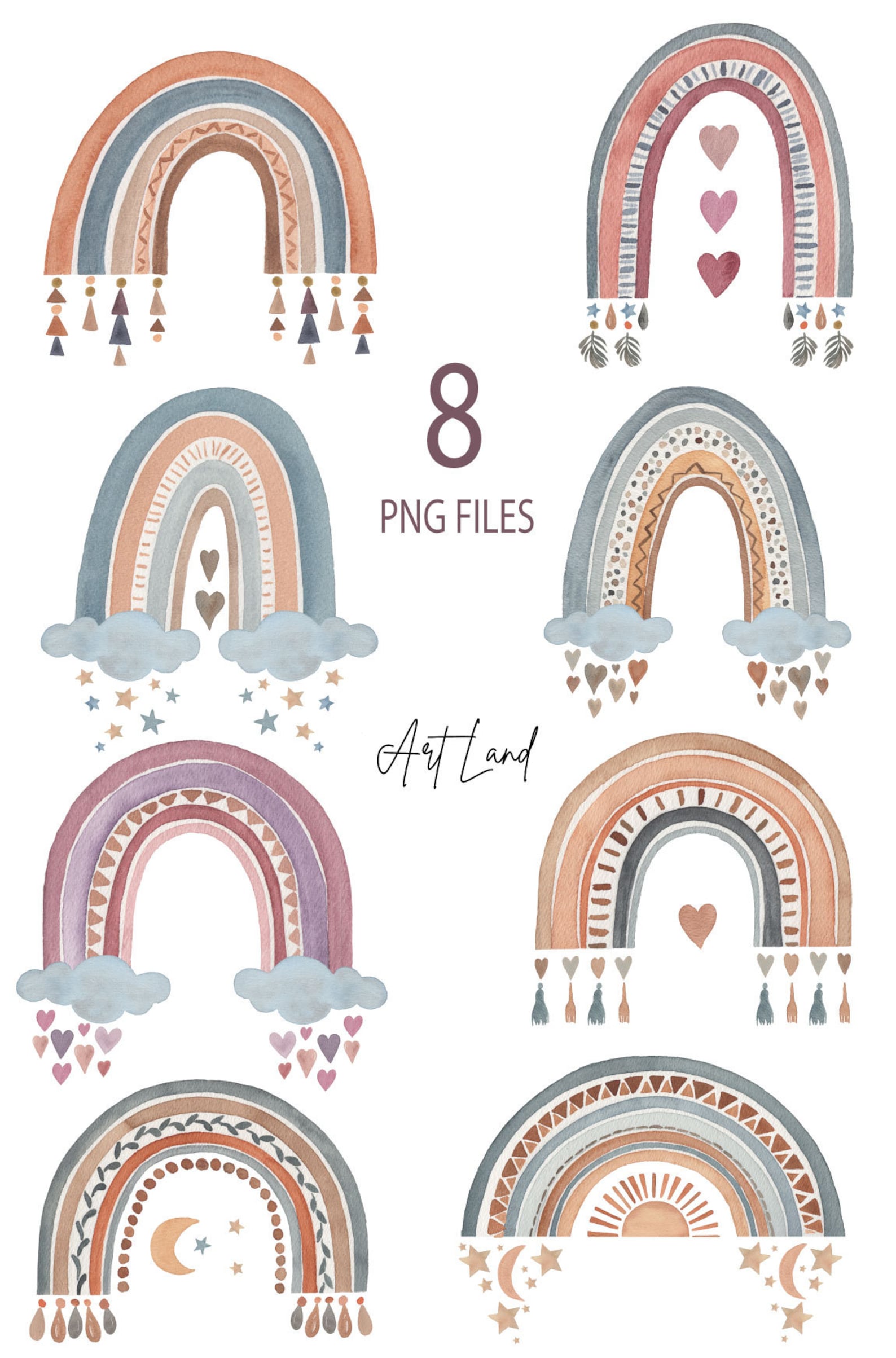 Watercolor Boho Rainbow Clipart Hand Painted Rainbow - Etsy