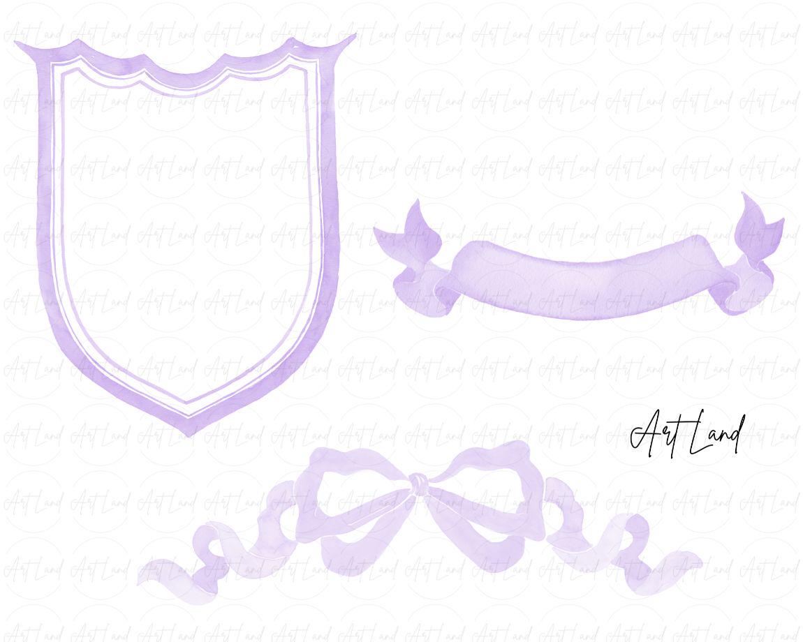 Watercolor Purple Crest Clipart: Hand-painted Banner & Bow (PNG Files ...