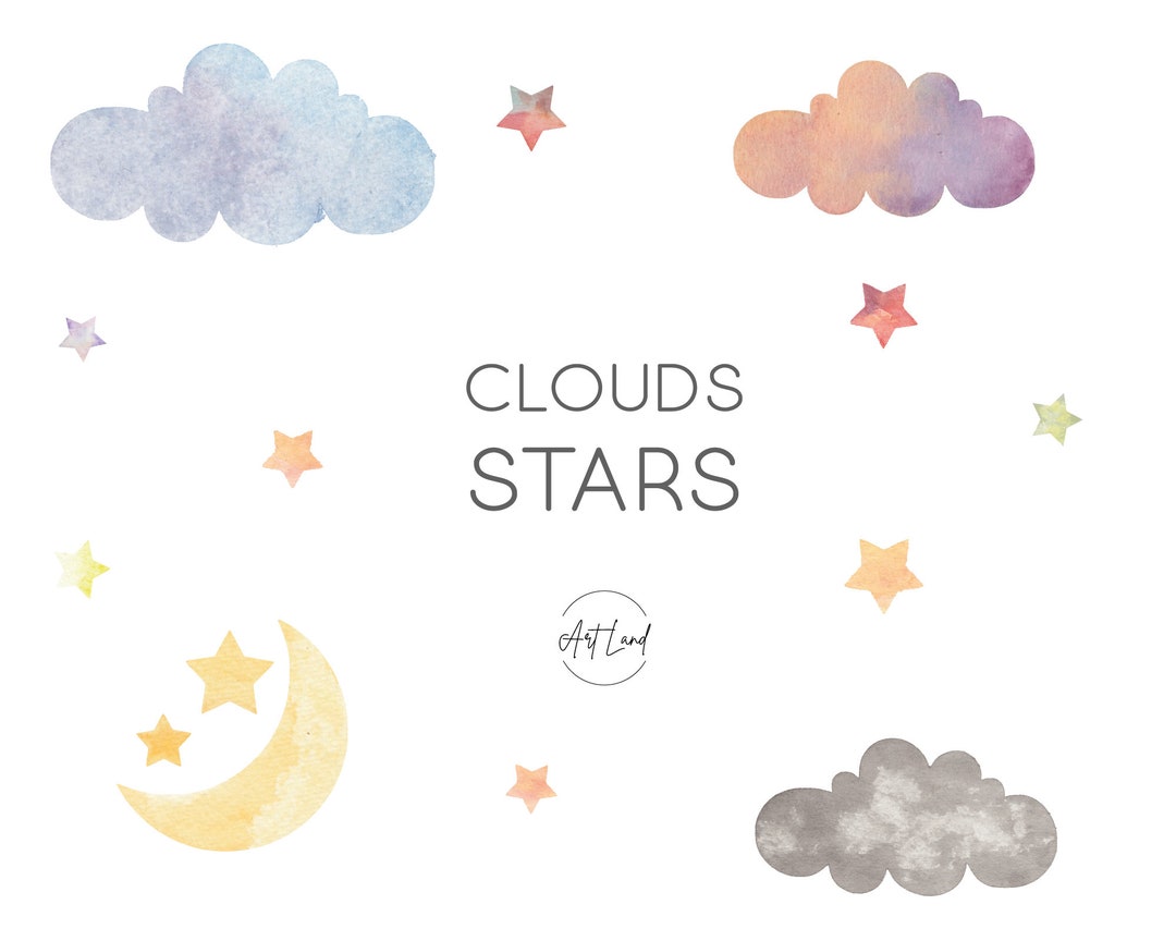 Cloud Star Moon Watercolor Clip Art Set, Hand Painted Clouds Stars ...