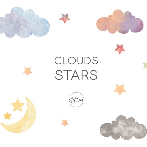 Cloud Star Moon Watercolor Clip Art Set Hand Painted Clouds - Etsy
