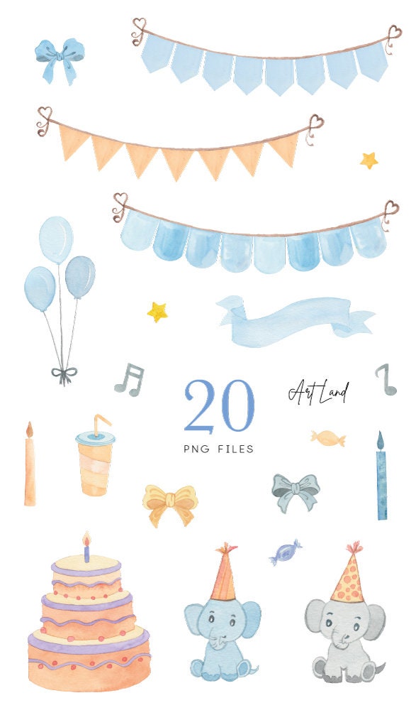 Watercolor Birthday Party Clipart - 20 PNG Elements With Balloons, Cake ...