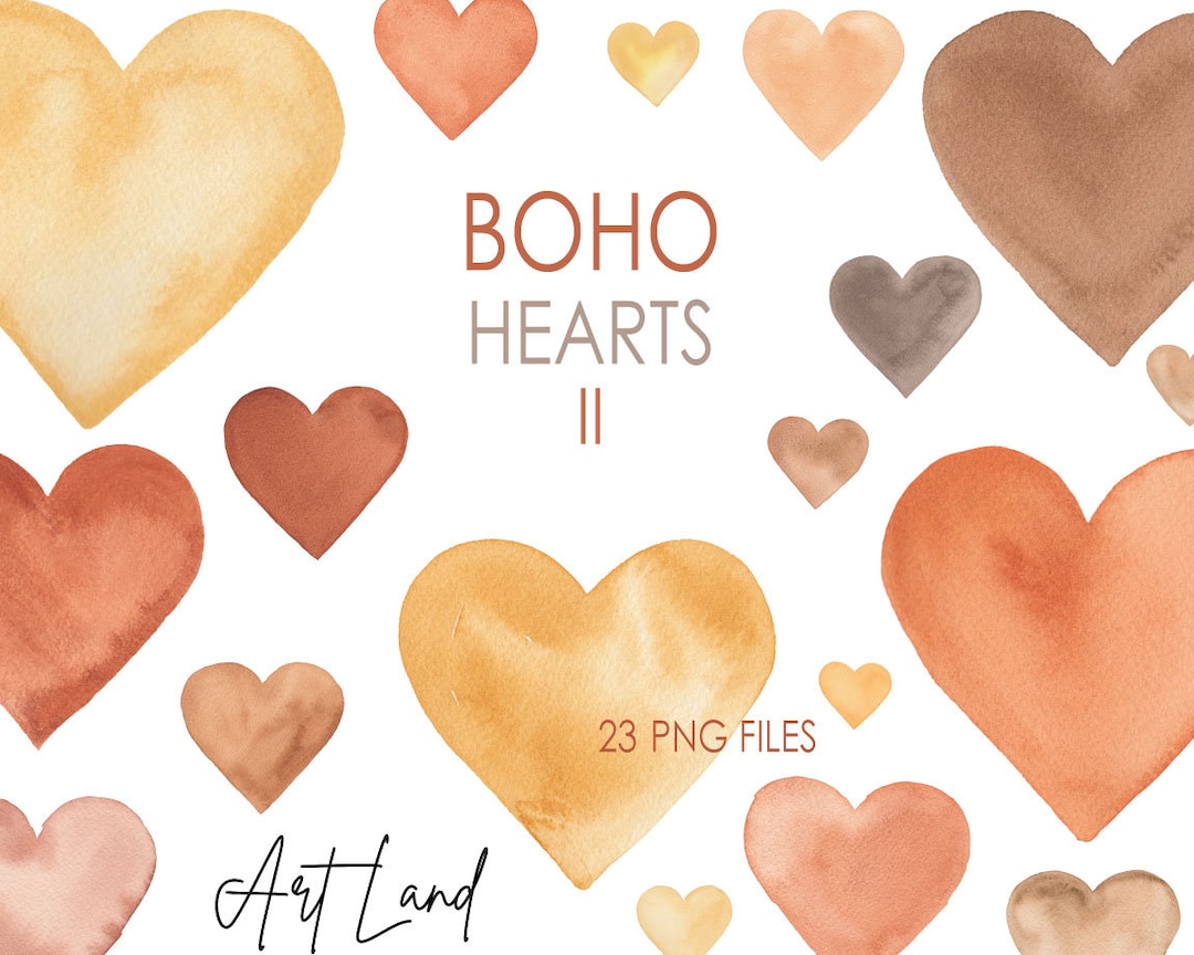 Heart Clip Art, Boho Hearts, Love Clipart, Hand Painted Watercolour ...