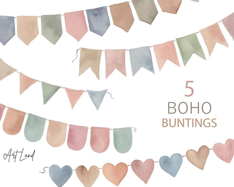 Watercolor Flags Clipart: 5 Hand-painted Buntings (PNG, Digital ...