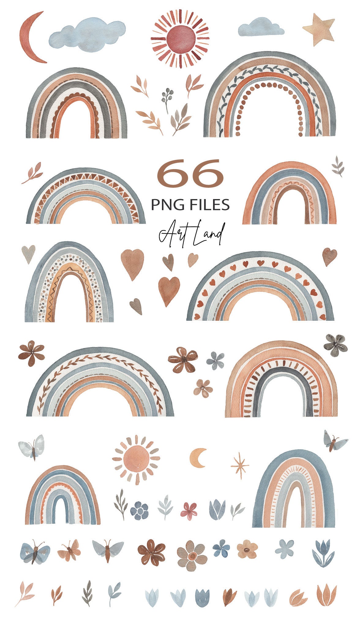 Watercolor Boho Rainbow Clipart Hand Painted Rainbow - Etsy