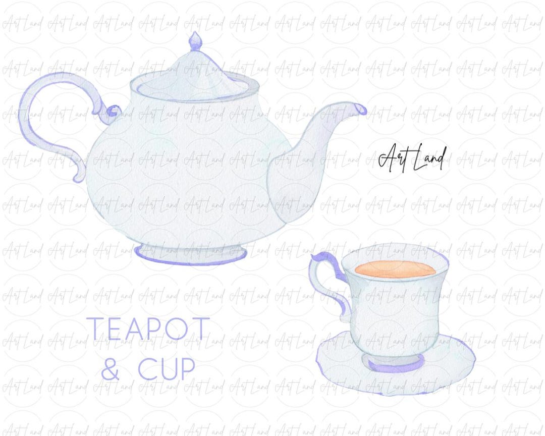 Watercolor Blue Teapot, Teacup Clipart: 3 Hand-painted Pastel Elements ...