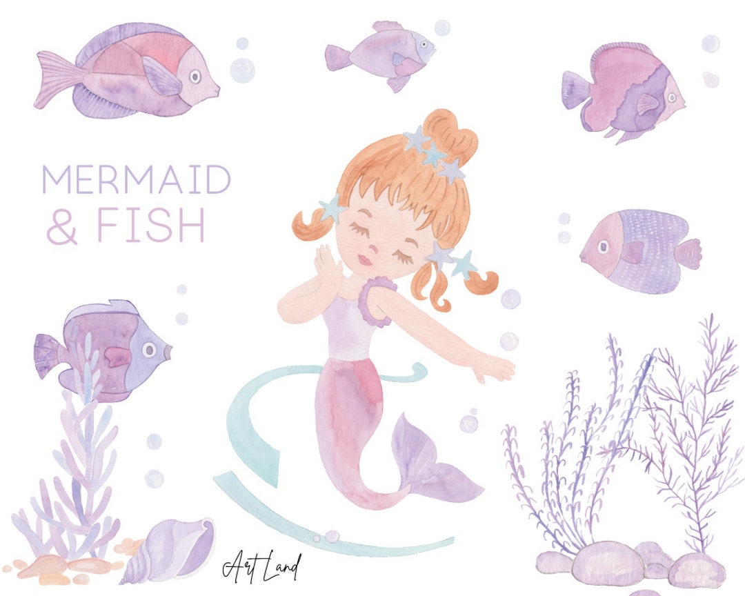 Watercolor Mermaid Clipart Set - 25 Hand-painted Pngs With Purple Fish ...
