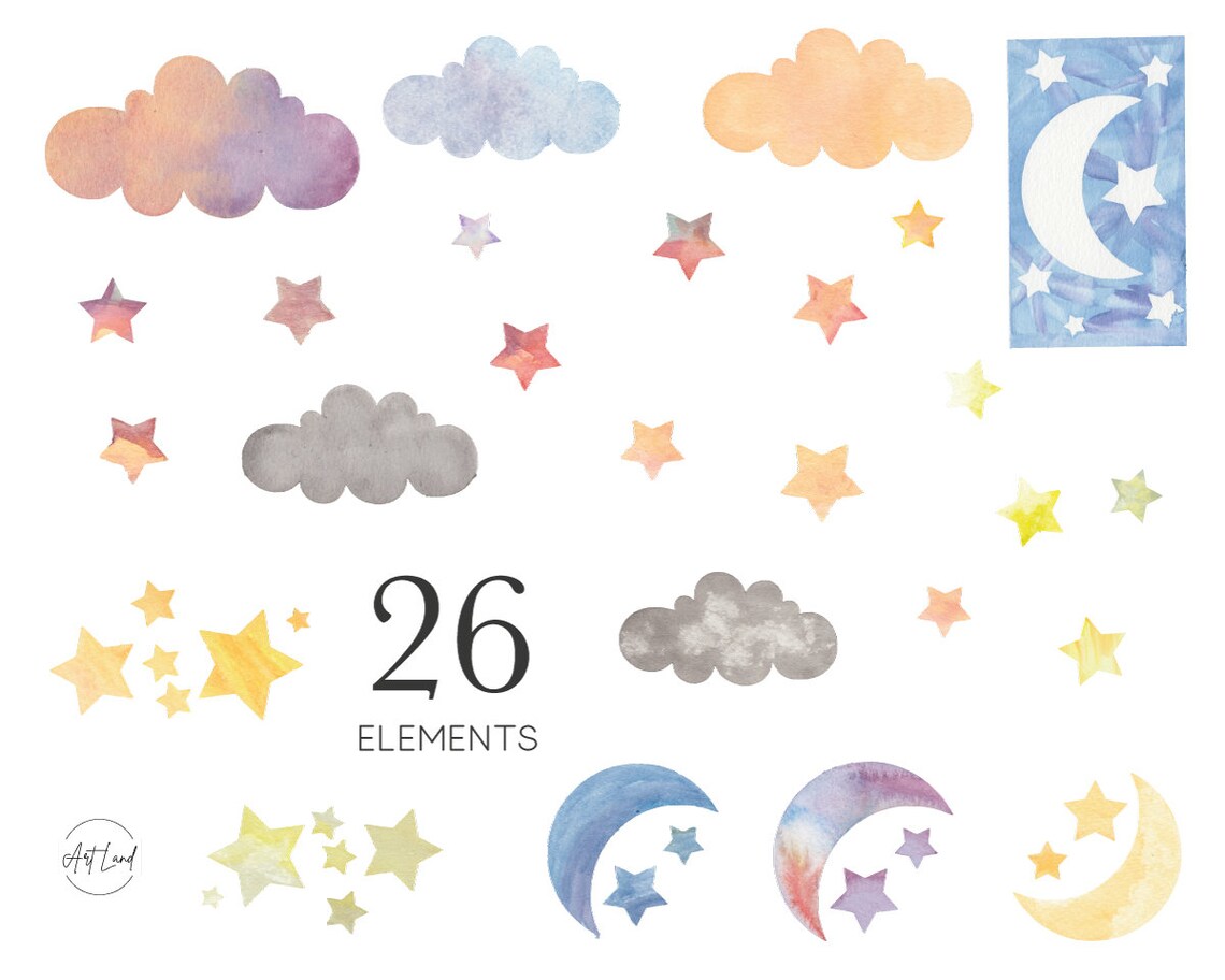Cloud Star Moon Watercolor Clip Art Set Hand Painted Clouds | Etsy