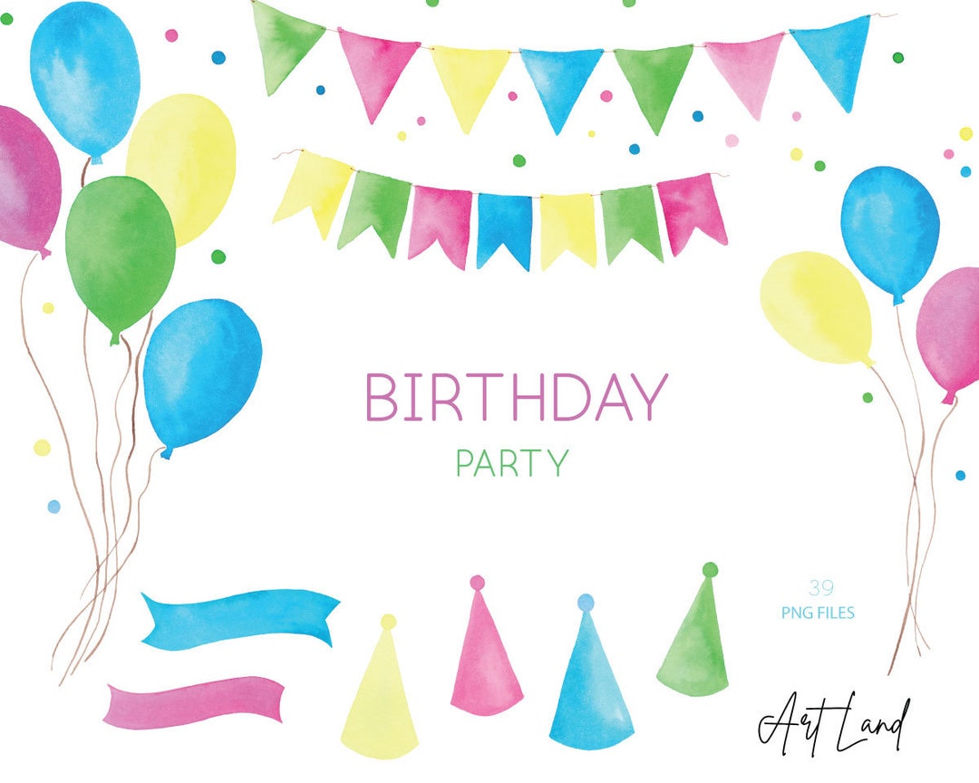 Watercolor Party Clipart, Hand Painted Watercolour Balloons Hat ...