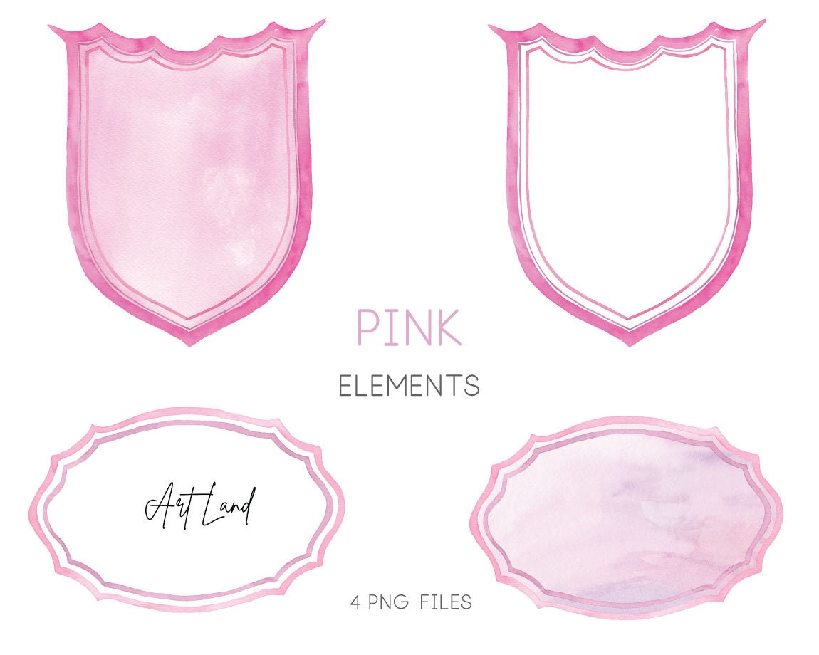 Watercolor Pink Crest Border Clipart: 4 Hand-painted Princess Elements ...