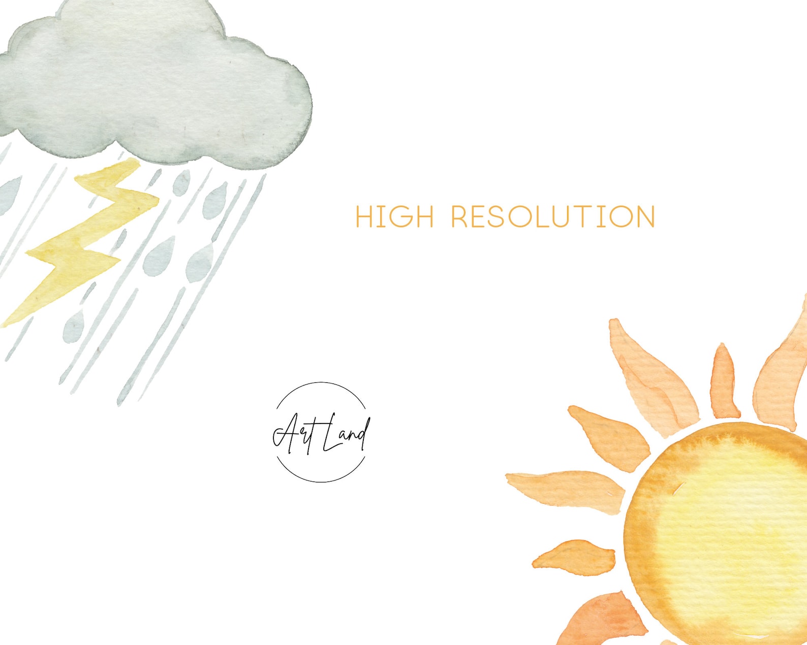 Watercolor Weather Clip Art, Rainbow, Sun Moon Clouds Snow Rain Snow ...