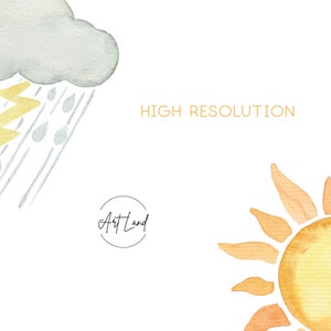 Watercolor Weather Clip Art, Rainbow, Sun Moon Clouds Snow Rain Snow ...