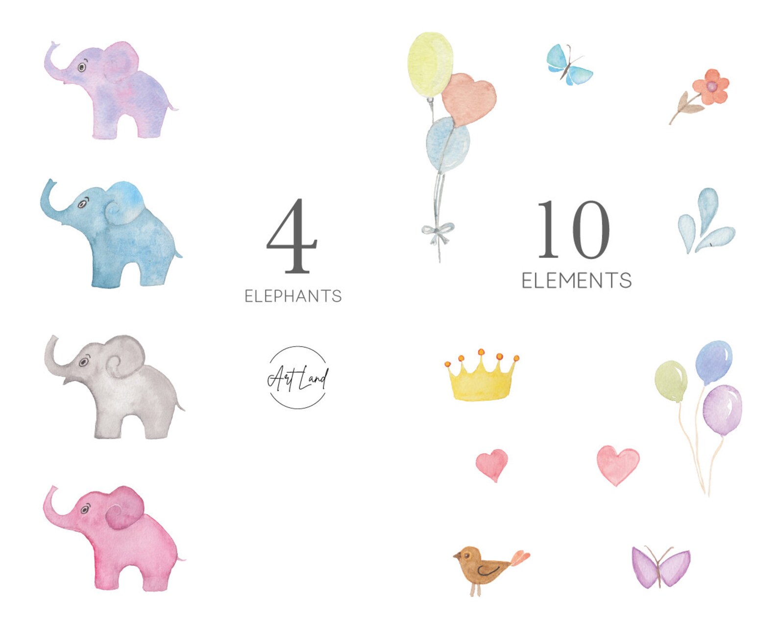 Watercolor Elephants Balloons Clip Art Set Hand Painted - Etsy