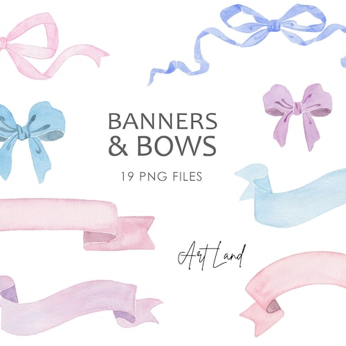 Watercolor Ribbon Banners and Bows Clipart Birthday Party - Etsy