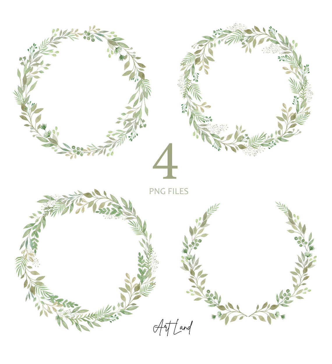 Watercolor Greenery Wreath Clipart Set – 4 Hand-painted Foliage Frame ...
