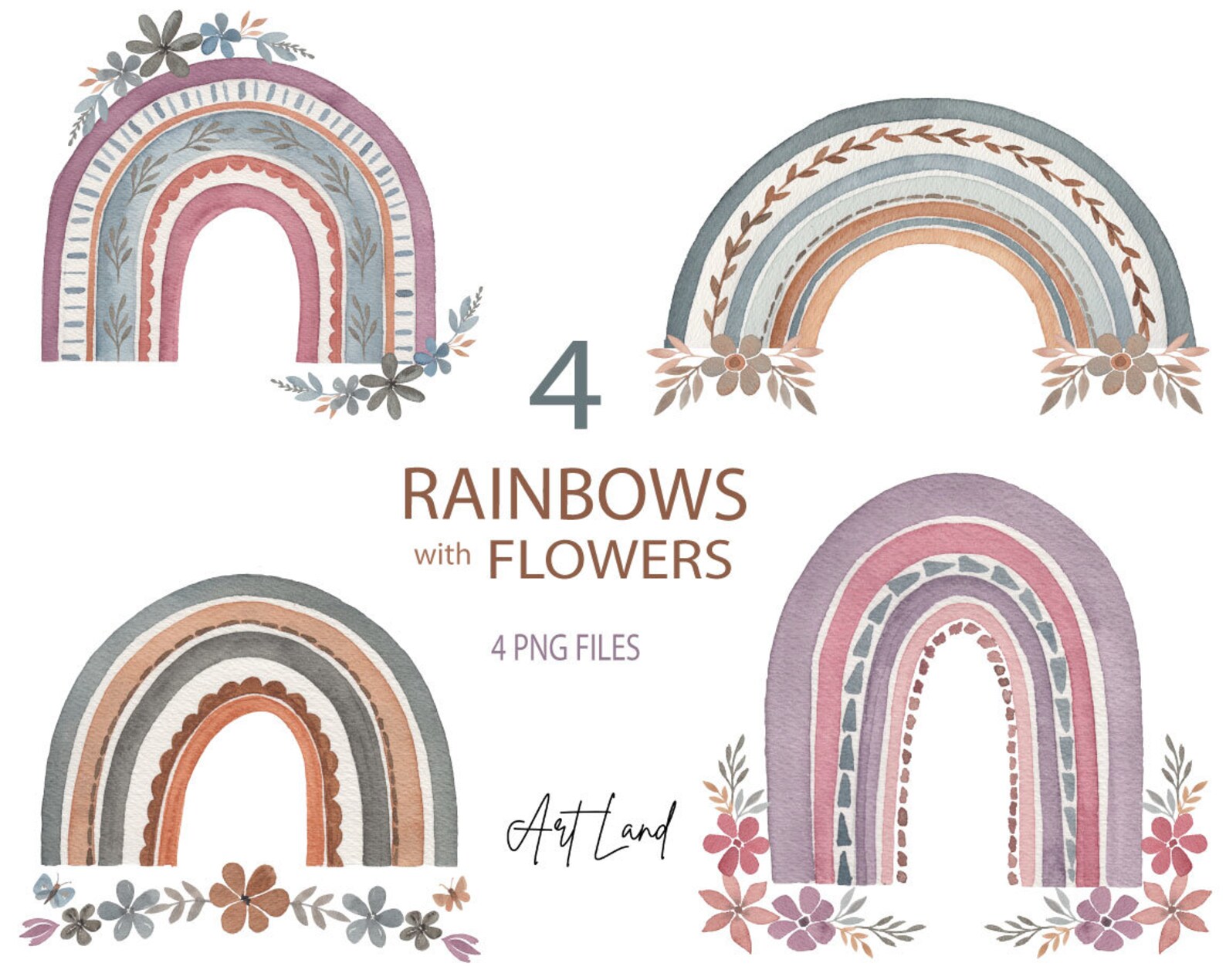 Watercolor Boho Rainbow Clipart Set – 4 Hand-painted Pngs for DIY ...