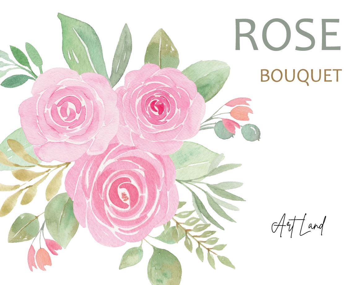 Watercolor Pink Rose Bouquet Clipart: Hand-painted Floral Illustration ...