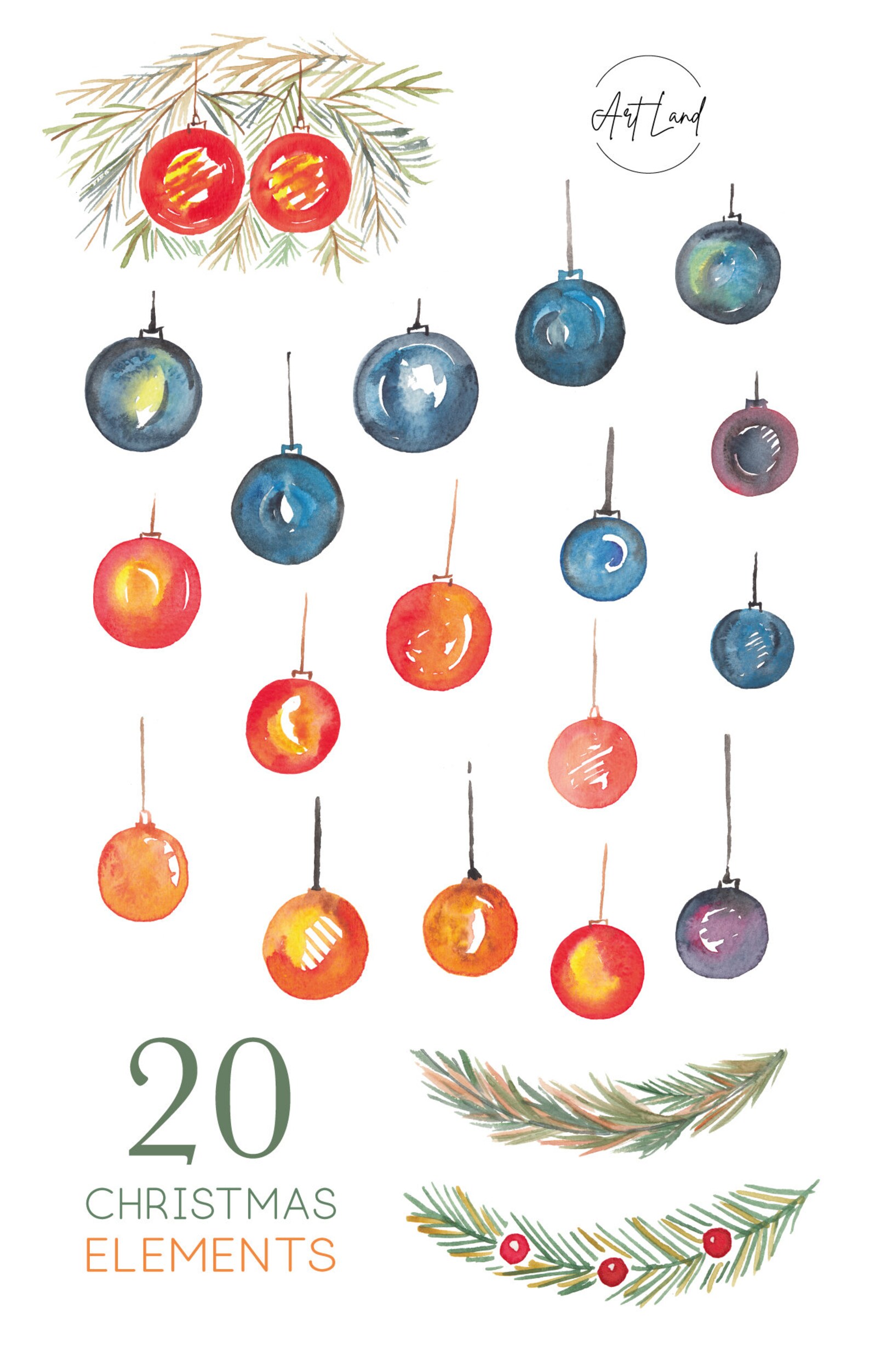 Watercolor Christmas Ball Clipart Set – 20 Hand-painted Holiday ...