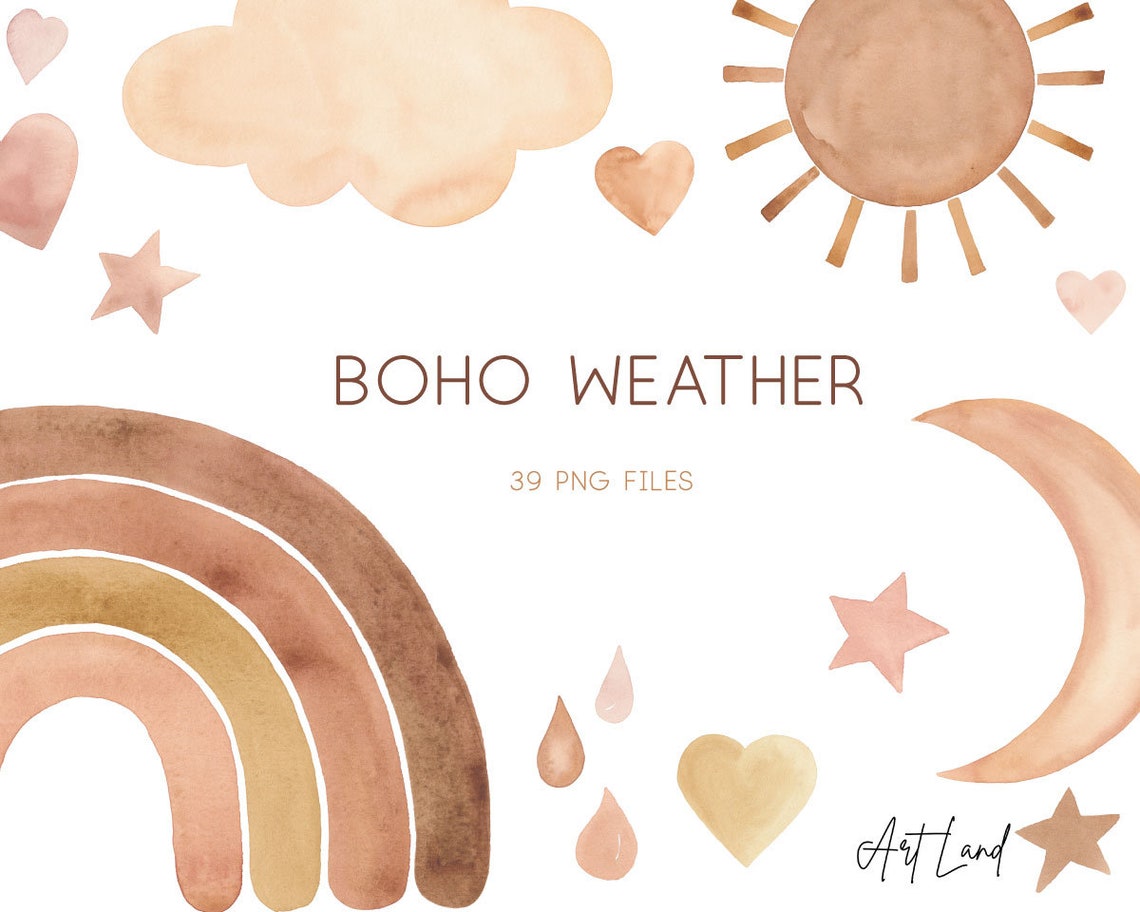 Watercolor Boho Weather Clip Art Rainbow Sun Stars moon - Etsy