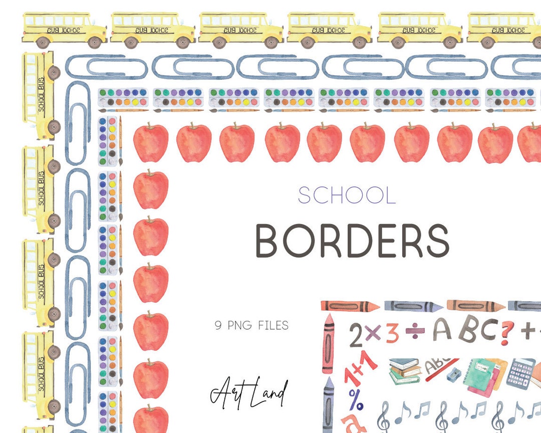 Watercolor School Borders Clipart, Back to School Clipart, School ...
