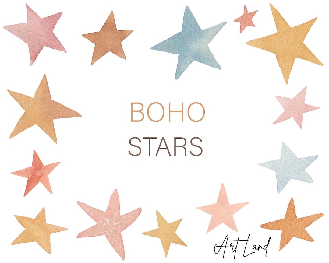 Watercolor Boho Stars Clipart: 14 Hand-painted Retro Graphics (PNG ...