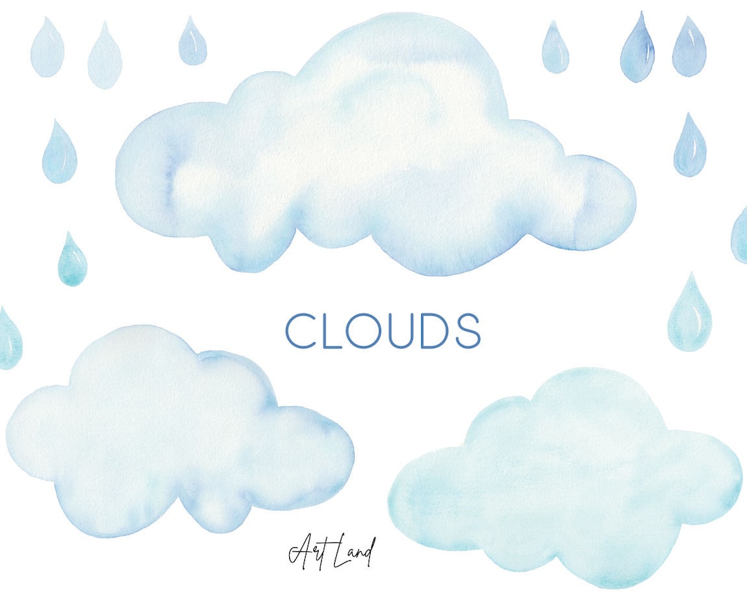 Watercolor Cloud & Drops Clipart: 19 Hand-painted Graphics (PNG ...