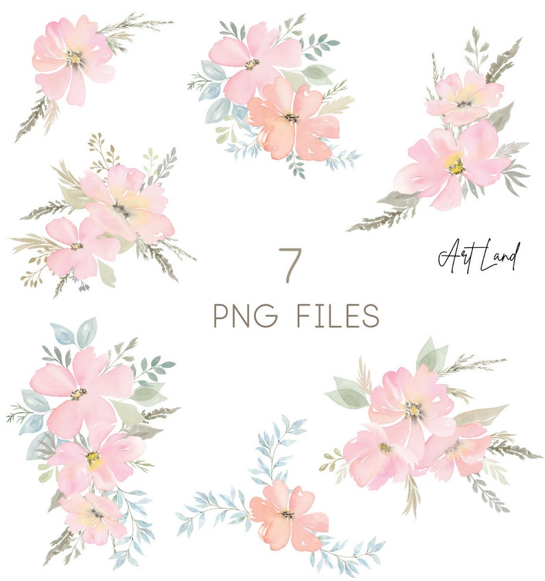 Watercolor Pink Floral Bouquets Clipart: 7 Hand-painted Elements (PNG ...
