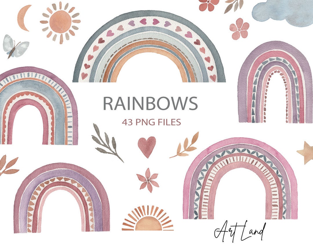 Watercolor Boho Rainbow Clipart Set - 43 Hand-painted Pngs for DIY ...