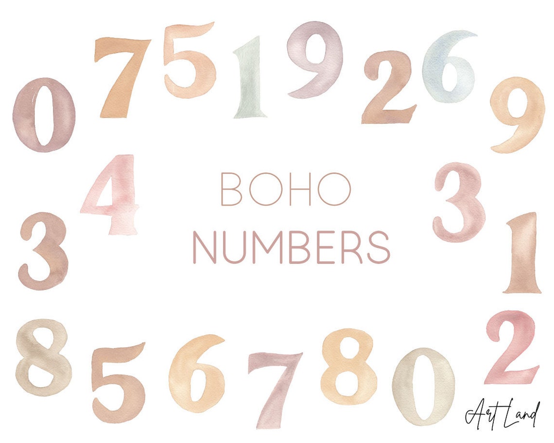 Watercolor Boho Numbers Clipart: 20 Hand-painted Numerals (PNG, Digital ...